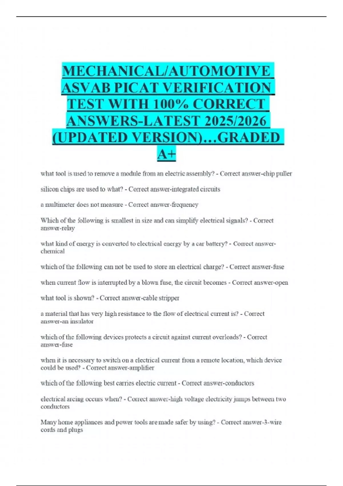 MECHANICAL/AUTOMOTIVE ASVAB PICAT VERIFICATION TEST WITH 100% CORRECT ...