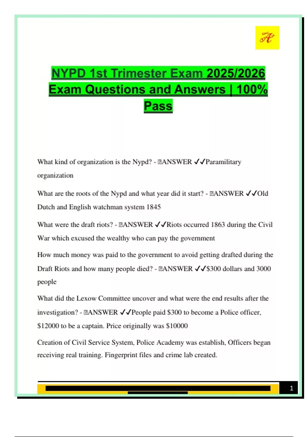 NYPD 1st Trimester Exam 2025/2026 Exam Questions and Answers | 100% Pass - Nypd - Stuvia US