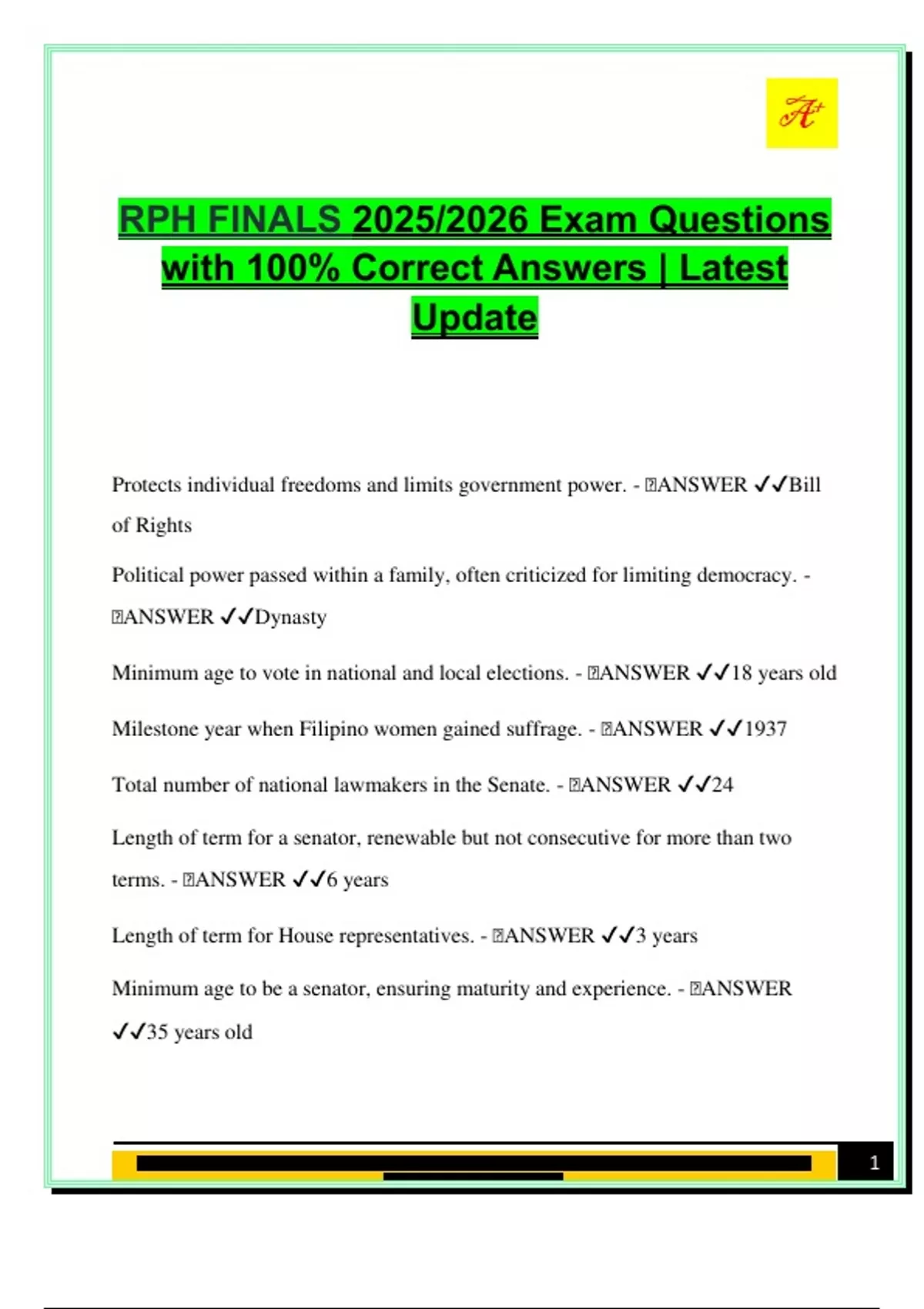 RPH FINALS 2025/2026 Exam Questions with 100% Correct Answers | Latest ...
