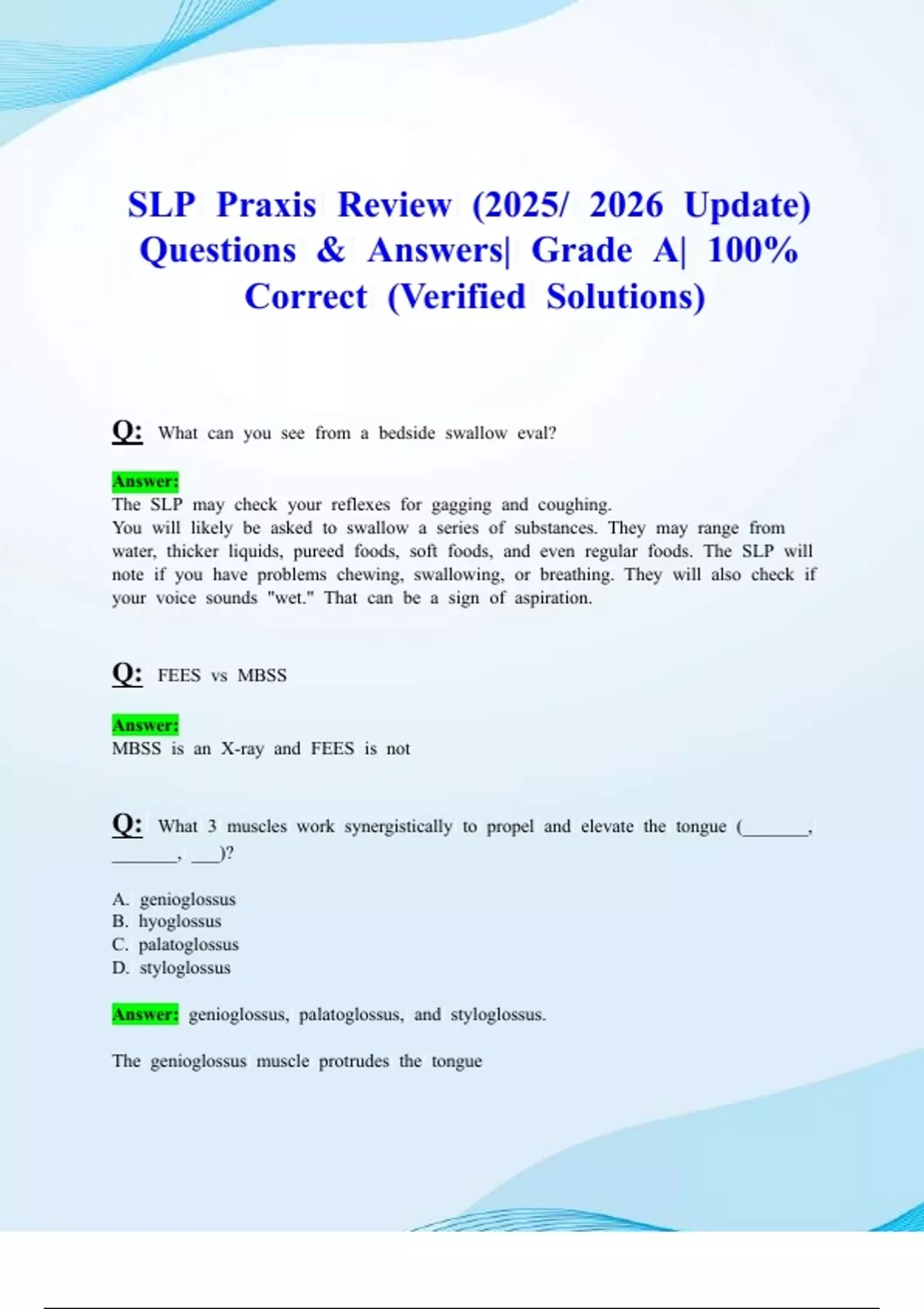 SLP Praxis Review (2025/ 2026 Update) Questions & Answers| Grade A| 100 ...