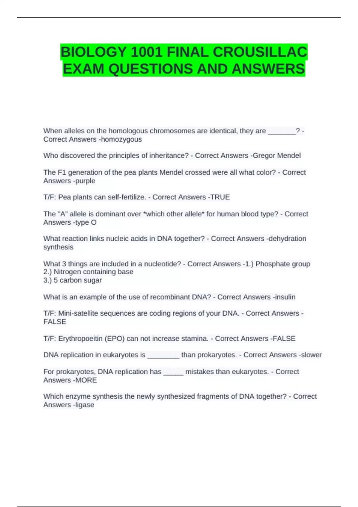 BIOLOGY 1001 FINAL CROUSILLAC EXAM QUESTIONS AND ANSWERS - BIOLOGY 1001 ...