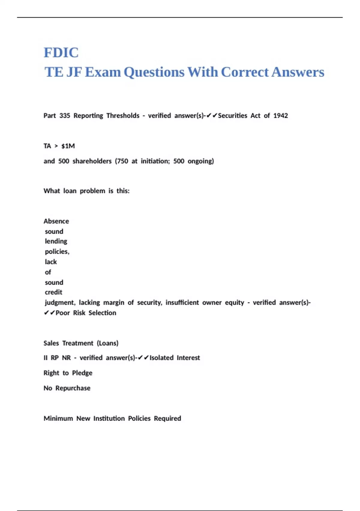 FDIC TE JF Exam Questions With Correct Answers - FDIC - Stuvia US