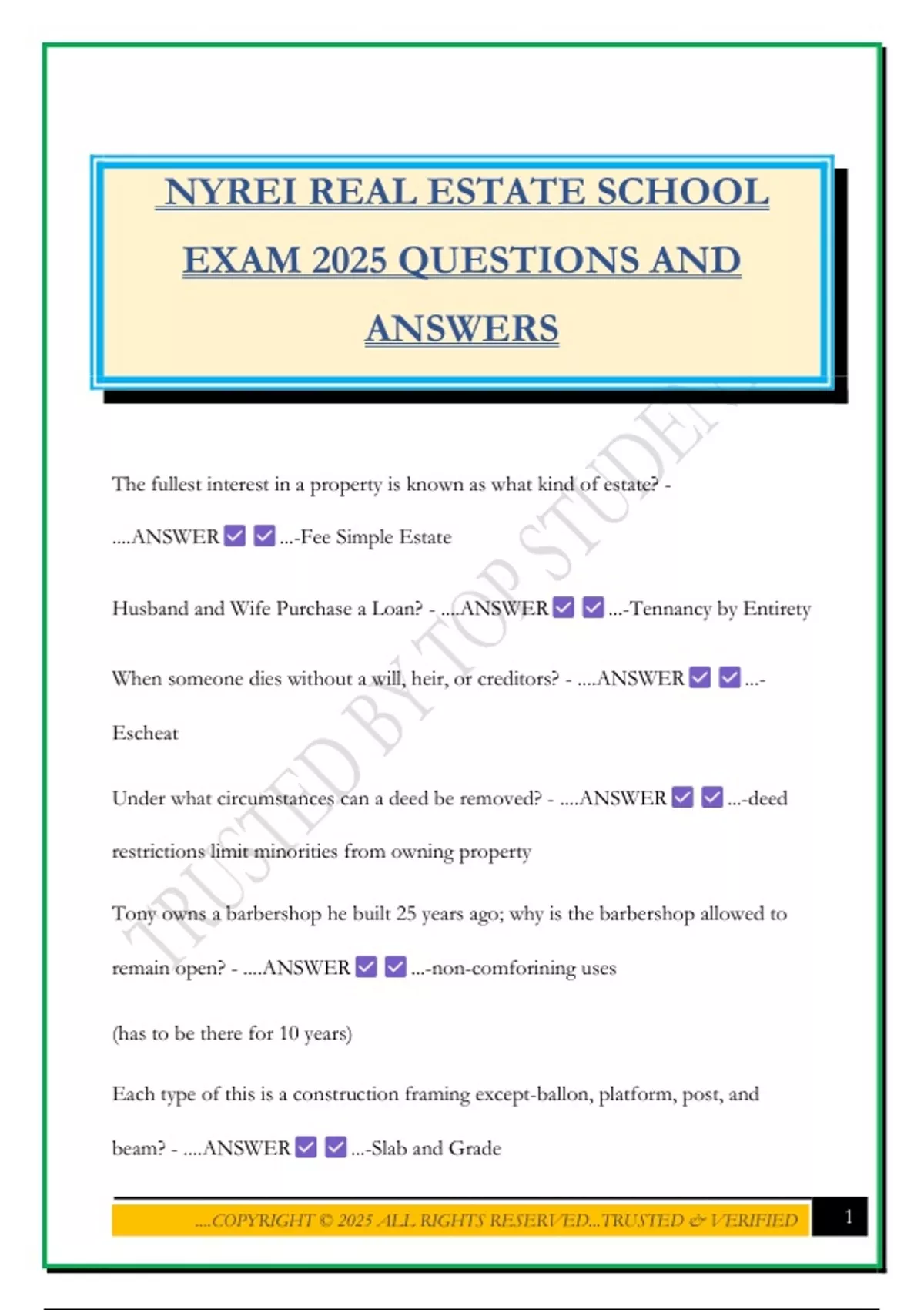 NYREI REAL ESTATE SCHOOL EXAM 2025 QUESTIONS AND ANSWERS - NYREI ...