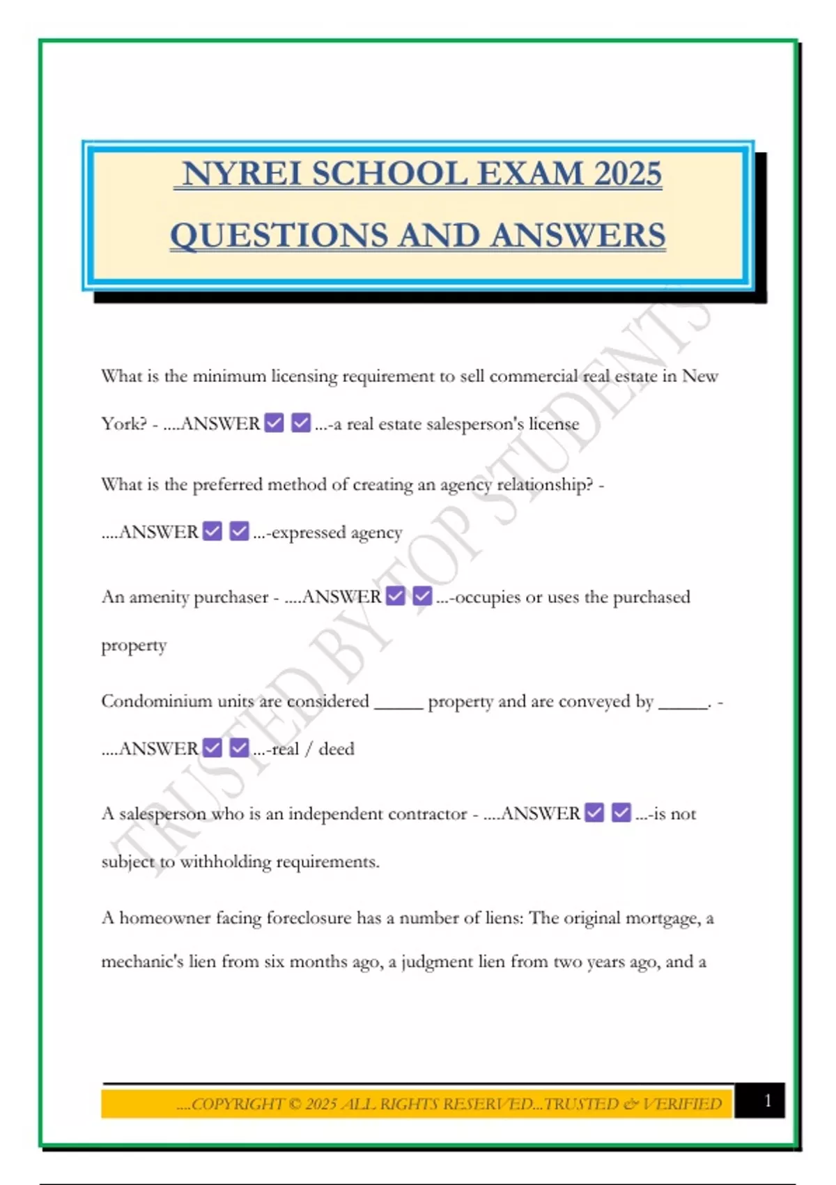 NYREI SCHOOL EXAM 2025 QUESTIONS AND ANSWERS - NYREI - Stuvia US