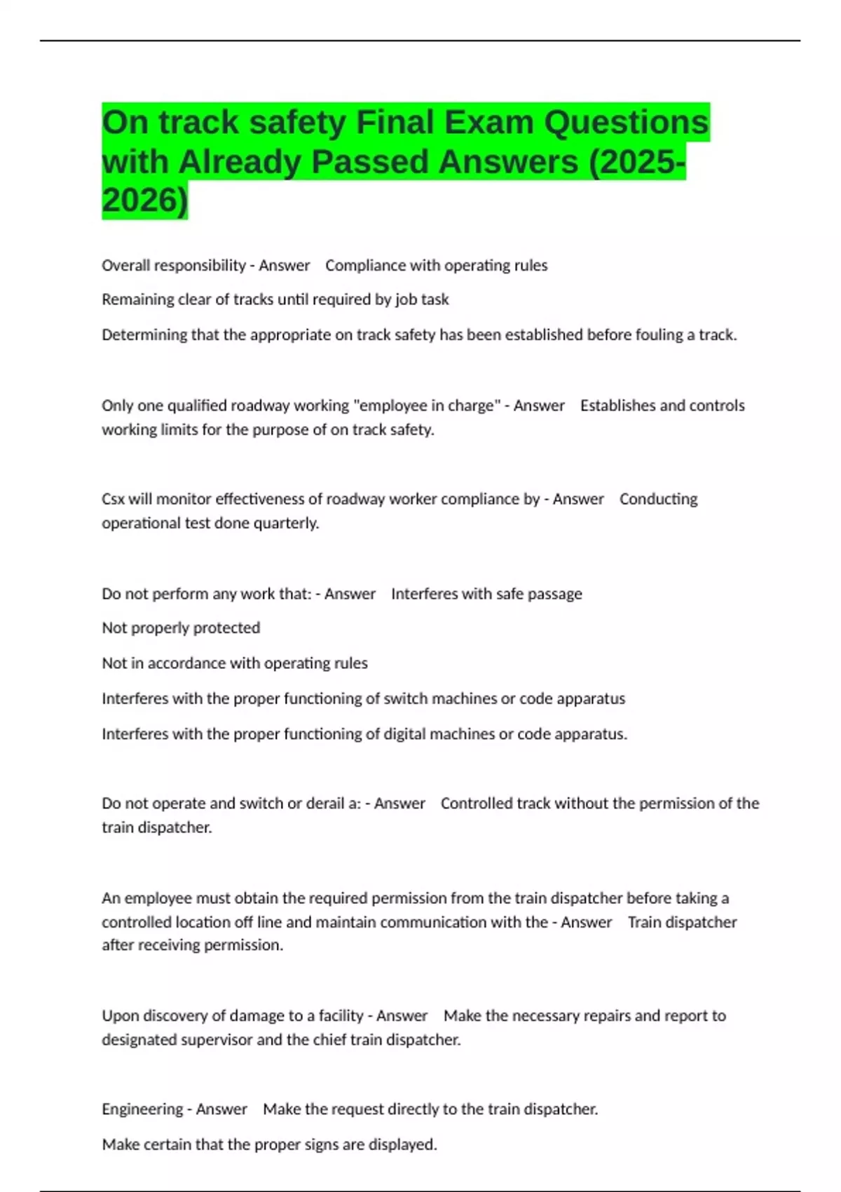 On track safety Final Exam Questions with Already Passed Answers ...