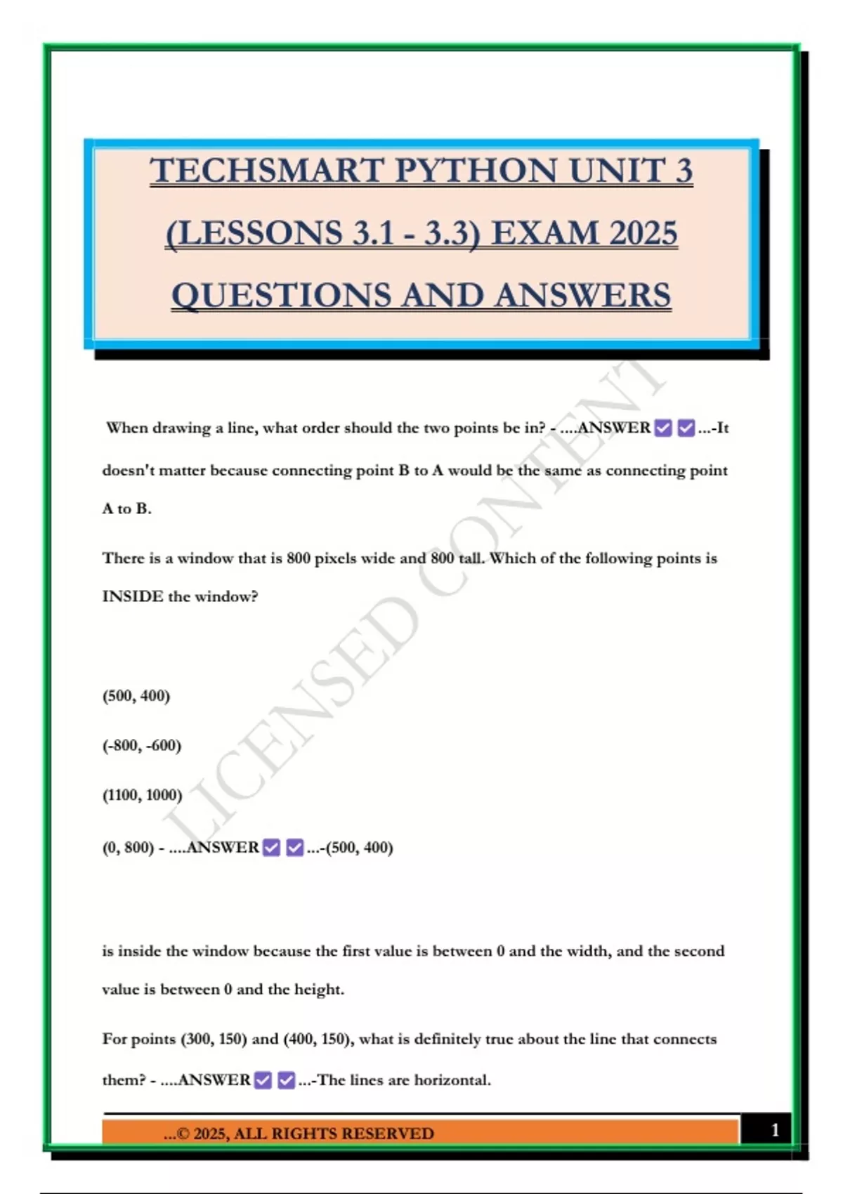 TECHSMART PYTHON UNIT 3 (LESSONS 3.1 - 3.3) EXAM 2025 QUESTIONS AND ...