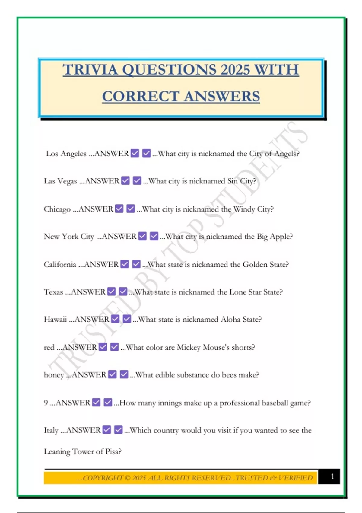 TRIVIA QUESTIONS 2025 WITH CORRECT ANSWERS - TRIVIA - Stuvia US