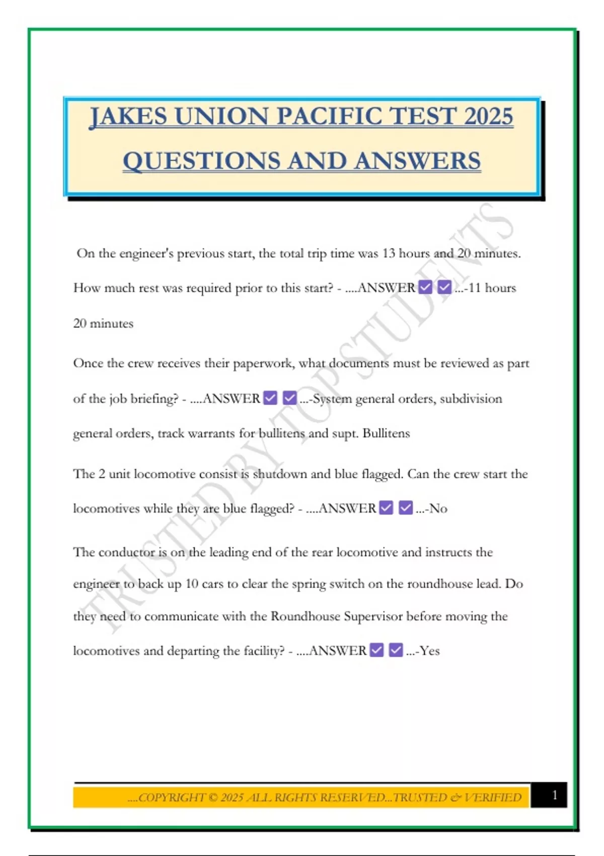 JAKES UNION PACIFIC TEST 2025 QUESTIONS AND ANSWERS - UNION PACIFIC ...