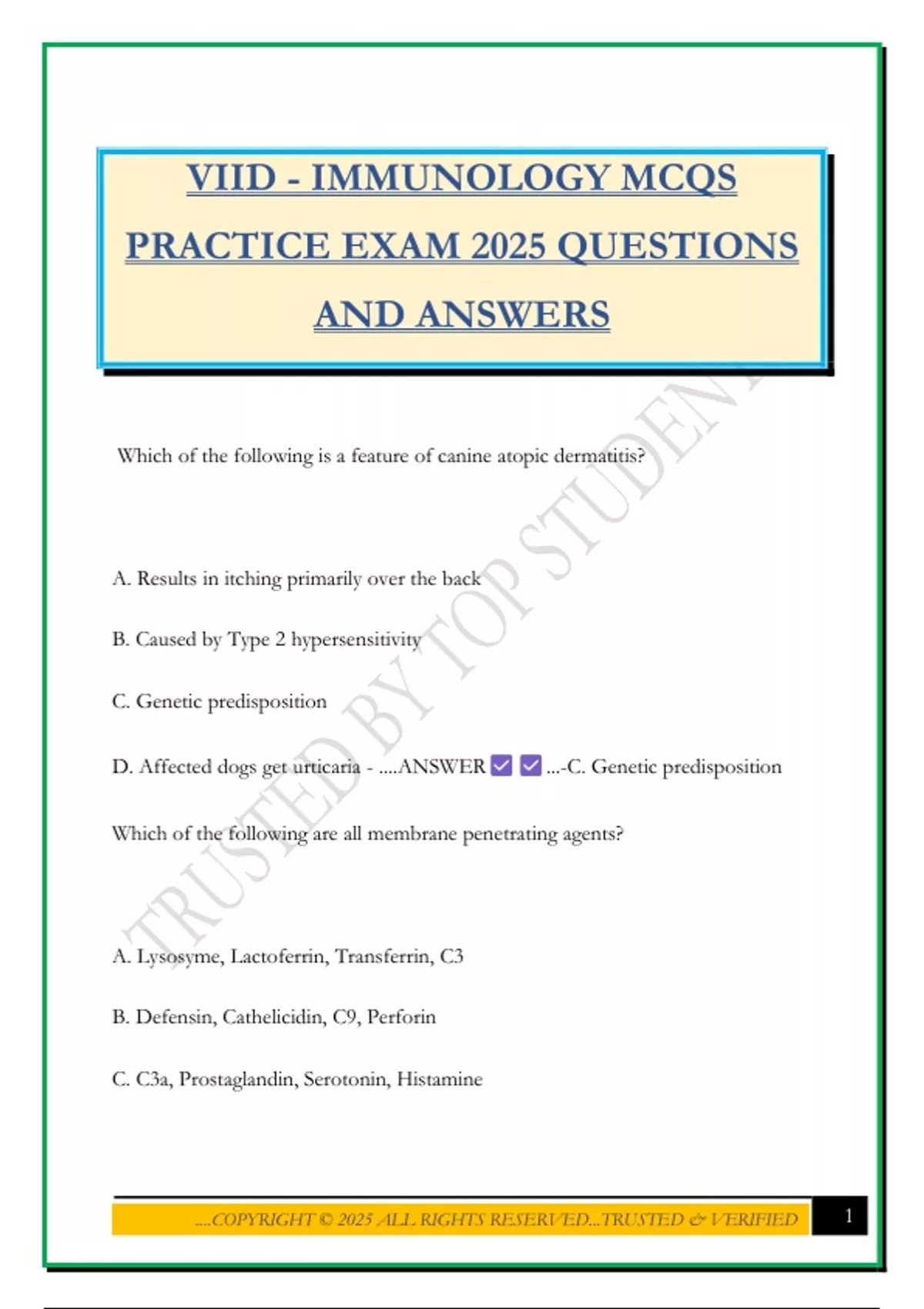 VIID - IMMUNOLOGY MCQS PRACTICE EXAM 2025 QUESTIONS AND ANSWERS - VIID ...