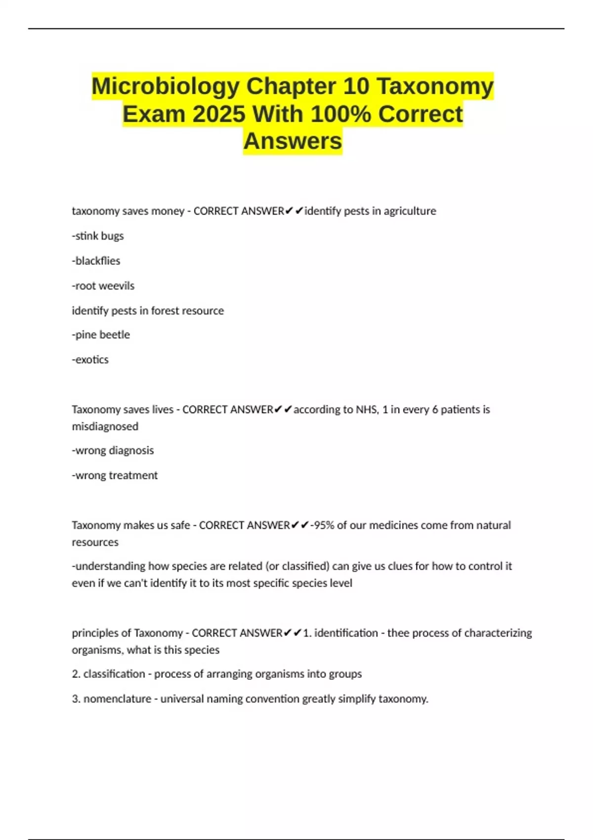 Microbiology Chapter 10 Taxonomy Exam 2025 With 100% Correct Answers ...