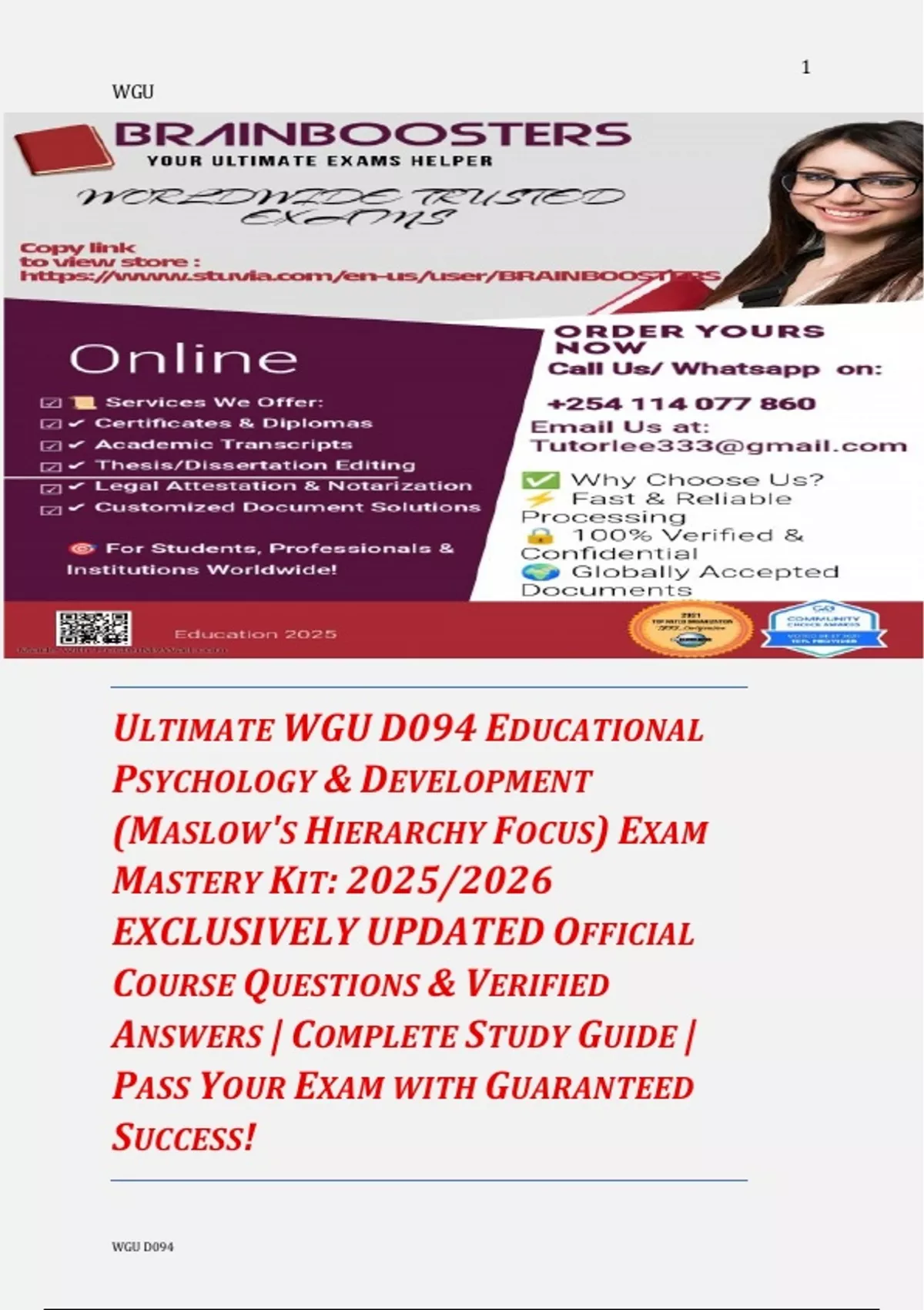 ULTIMATE | WGU D094 | EDUCATIONAL PSYCHOLOGY & DEVELOPMENT | (MASLOW'S ...