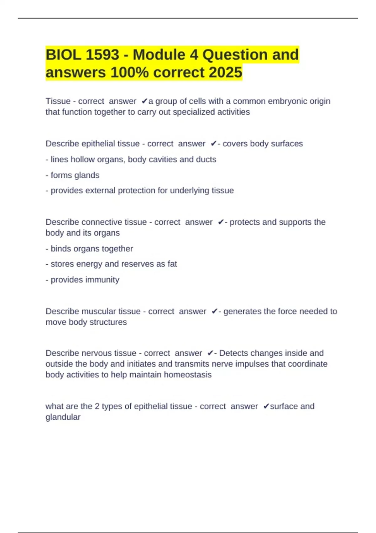 BIOL 1593 - Module 4 Question and answers 100% correct 2025 - BIOL 1593 ...