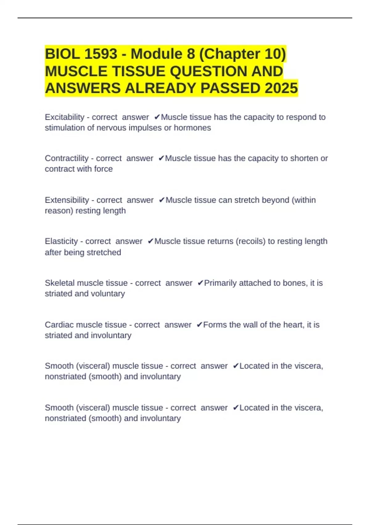 BIOL 1593 - Module 8 (Chapter 10) MUSCLE TISSUE QUESTION AND ANSWERS ...