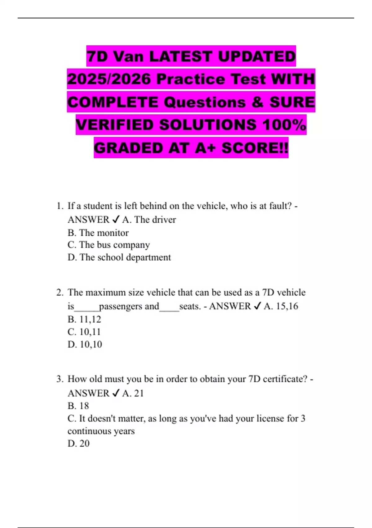 7D Van LATEST UPDATED 2025/2026 Practice Test WITH COMPLETE Questions ...