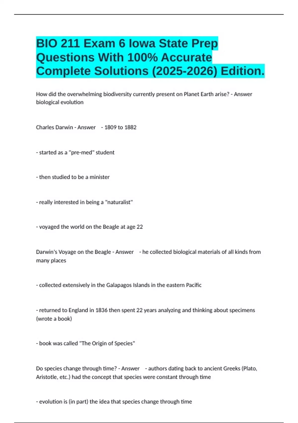 BIO 211 Exam 6 Iowa State Prep Questions With 100% Accurate Complete ...