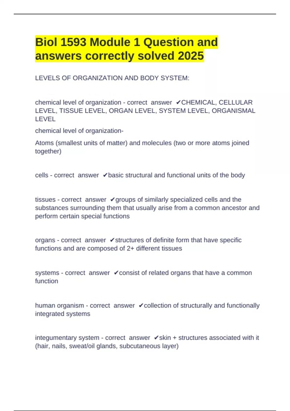 Biol 1593 Module 1 Question and answers correctly solved 2025 - Biol 1593 Module 1 - Stuvia US
