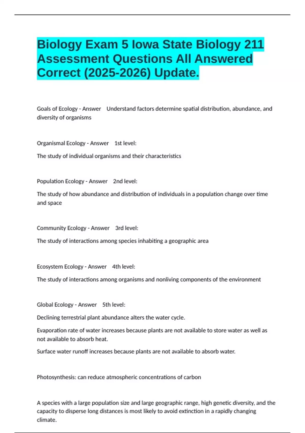 Biology Exam 5 Iowa State Biology 211 Assessment Questions All Answered ...