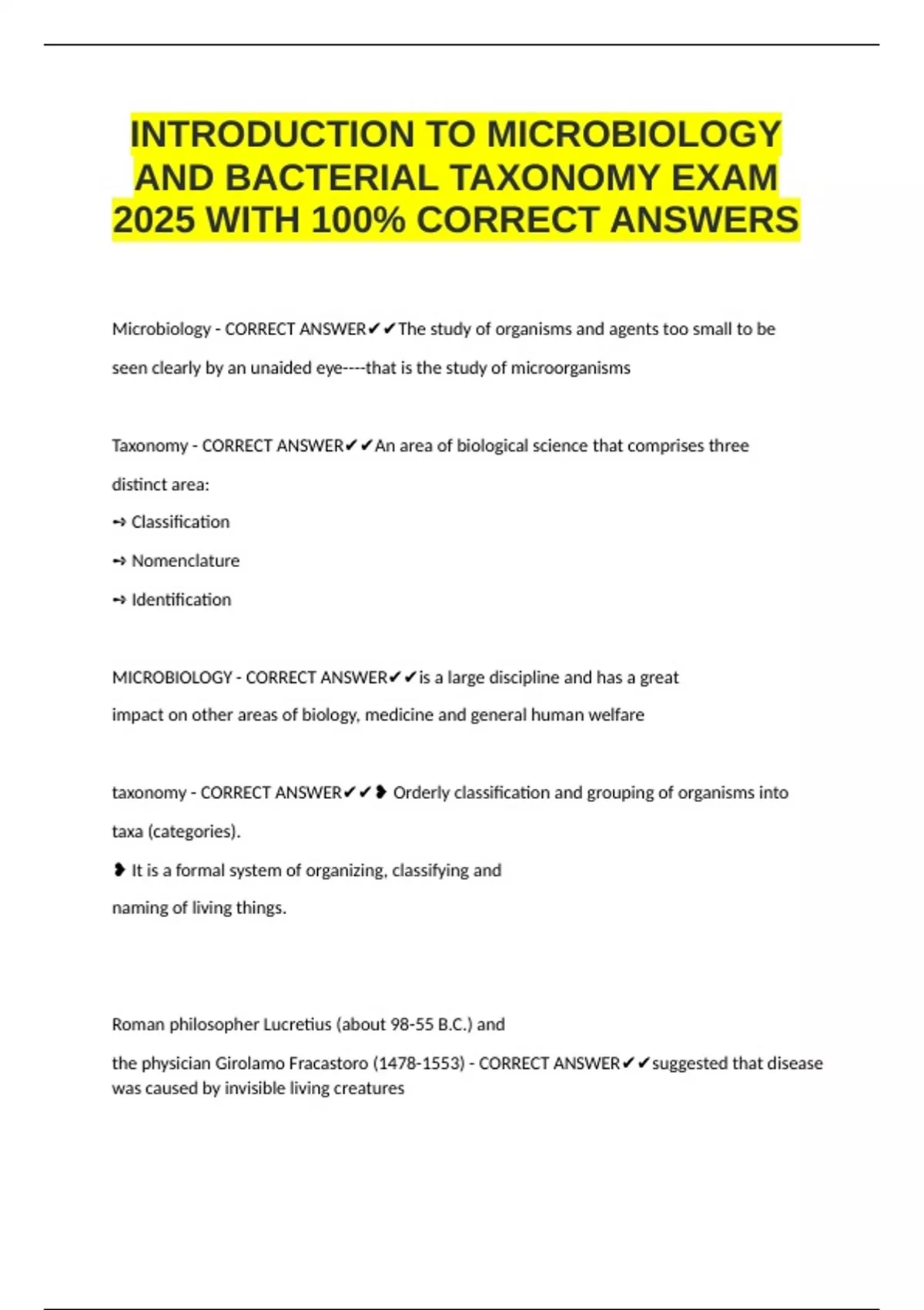 INTRODUCTION TO MICROBIOLOGY AND BACTERIAL TAXONOMY EXAM 2025 WITH 100% CORRECT ANSWERS ...