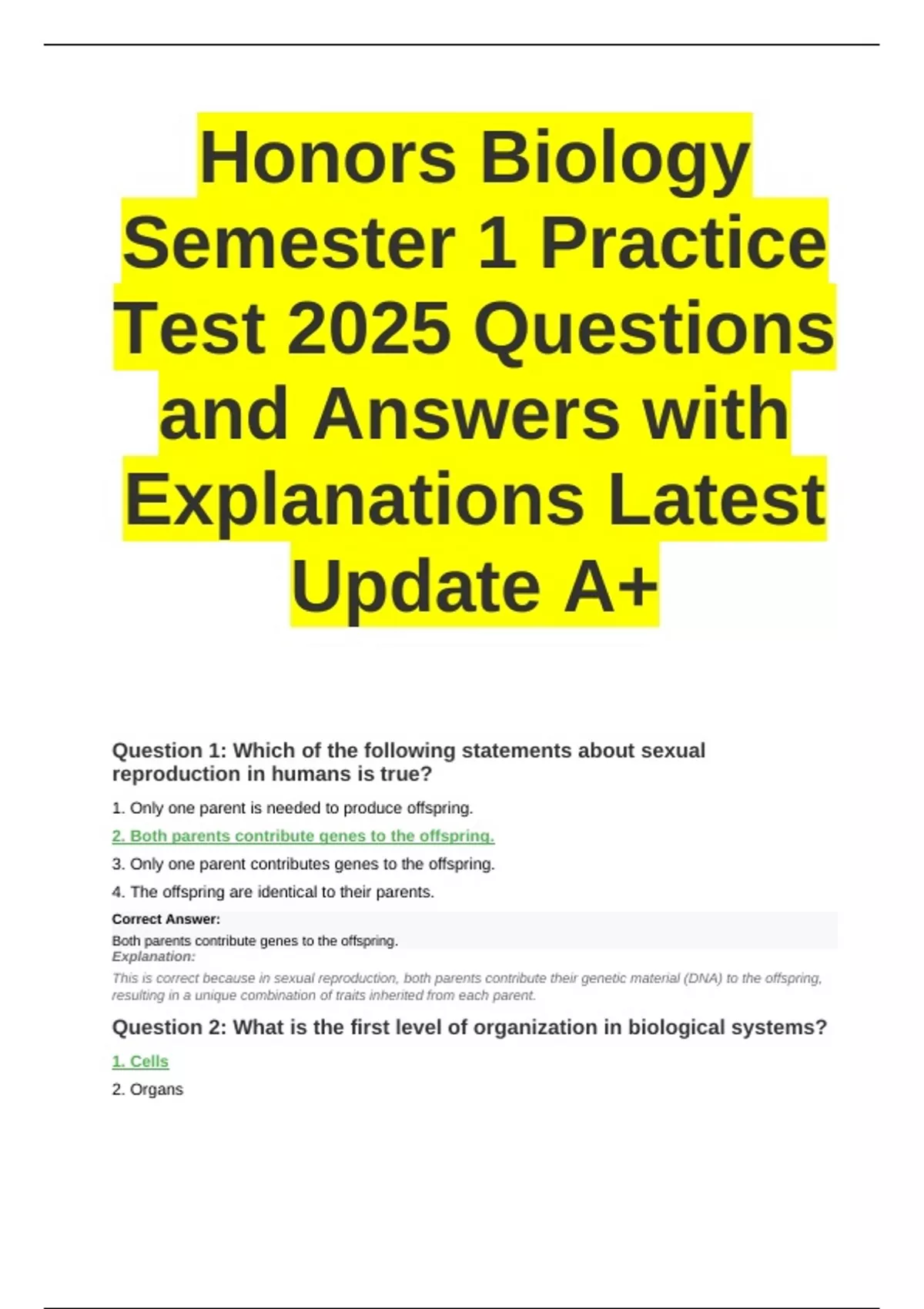 Honors Biology Semester 1 Practice Test 2025 - Questions and Answers ...
