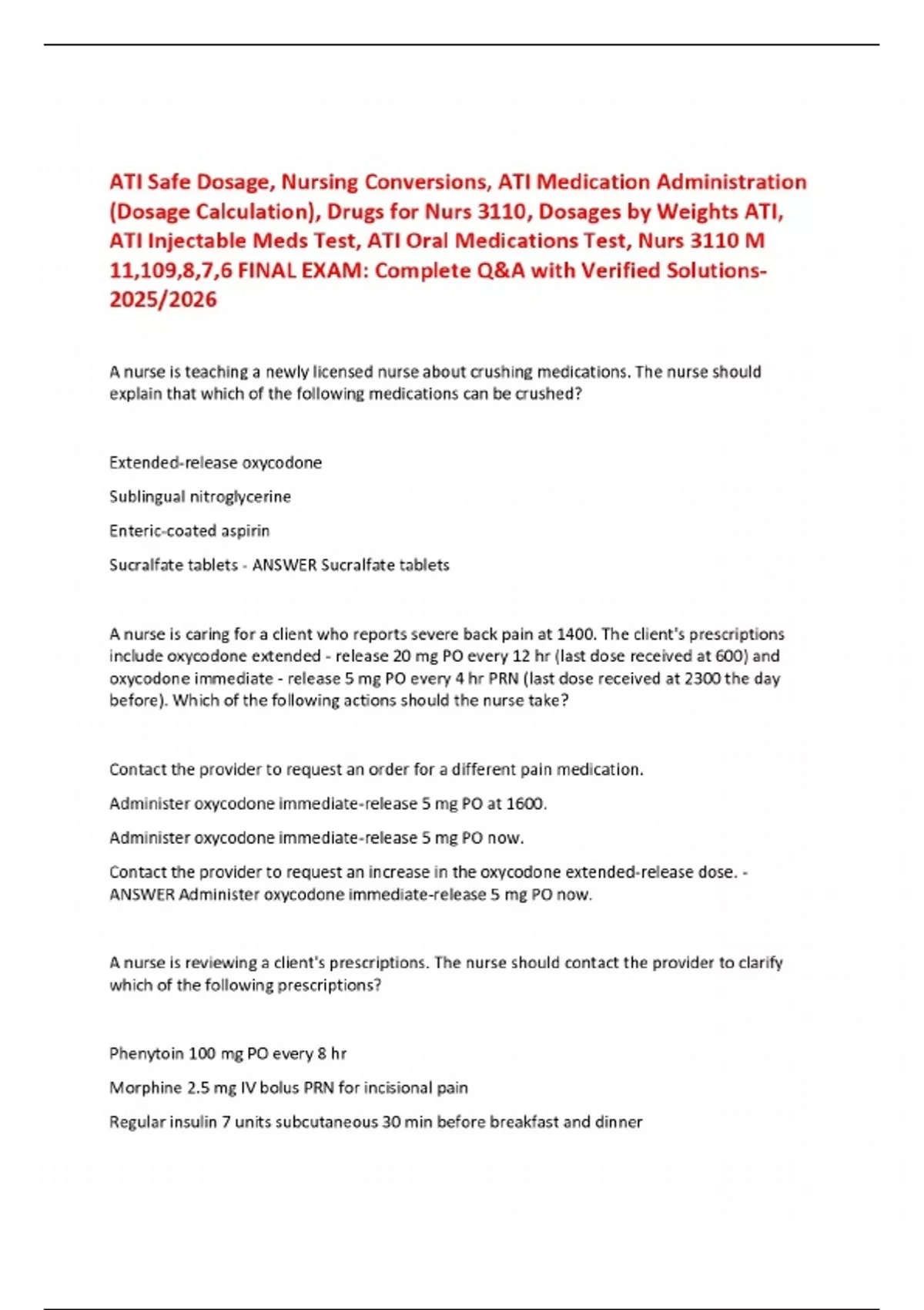 ATI Safe Dosage, Nursing Conversions, ATI Medication Administration ...