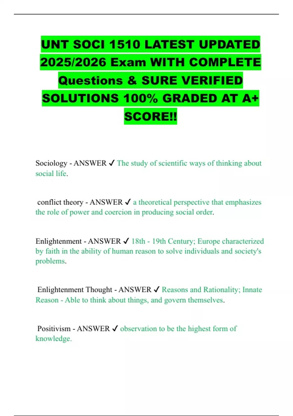UNT SOCI 1510 LATEST UPDATED 2025/2026 Exam WITH COMPLETE Questions ...