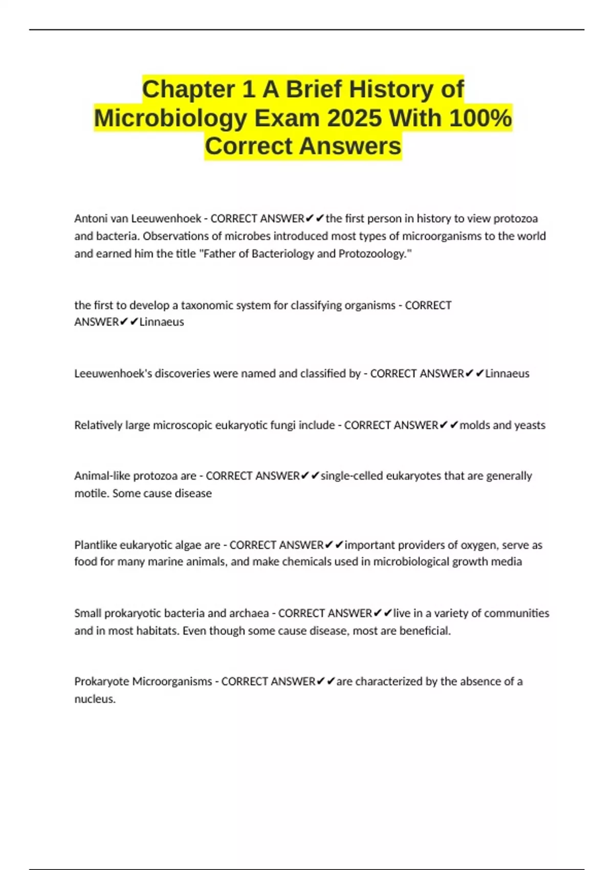 Chapter 1 A Brief History of Microbiology Exam 2025 With 100% Correct ...