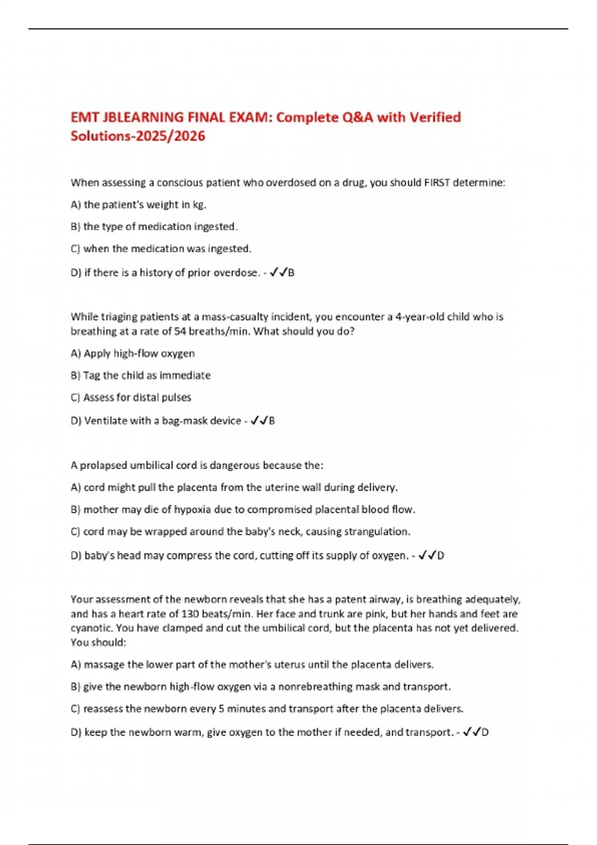 EMT JBLEARNING FINAL EXAM: Complete Q&A with Verified Solutions-2025/ ...