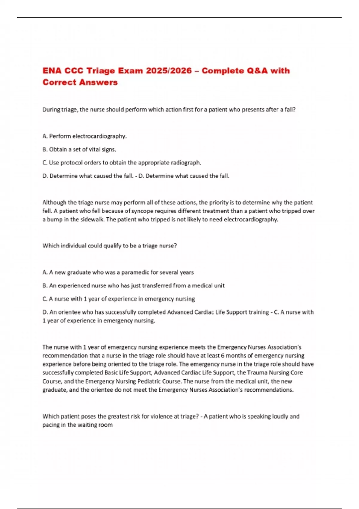 ENA CCC Triage Exam 2025/2026 – Complete Q&A with Correct Answers - ENA - Stuvia US
