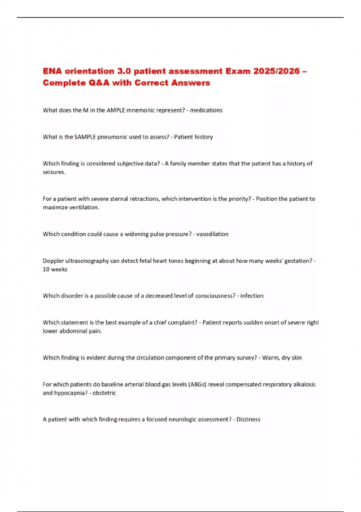 ENA orientation 3.0 patient assessment Exam 2025/2026 – Complete Q&A with Correct Answers - ENA ...