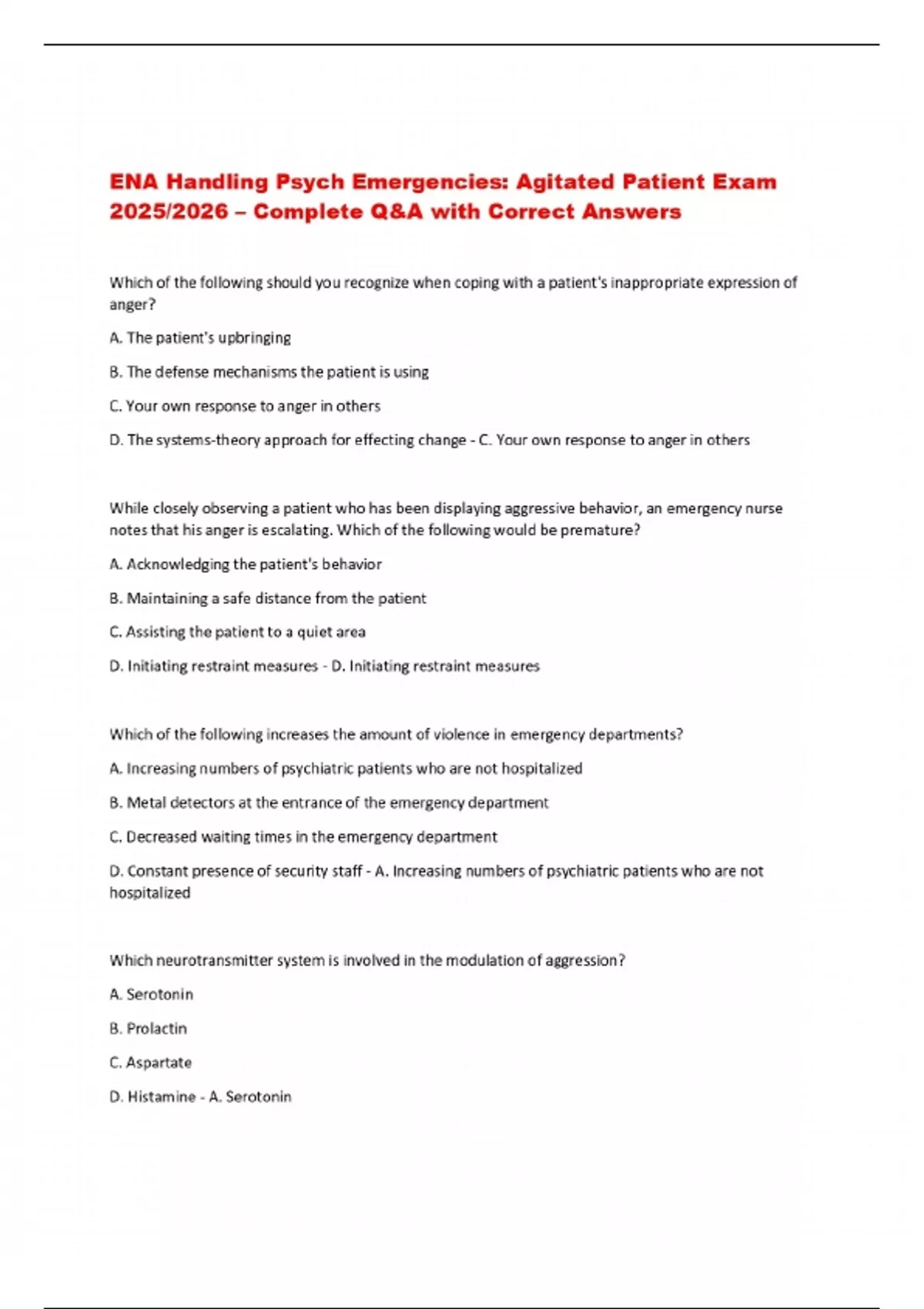 ENA Handling Psych Emergencies: Agitated Patient Exam 2025/2026 ...