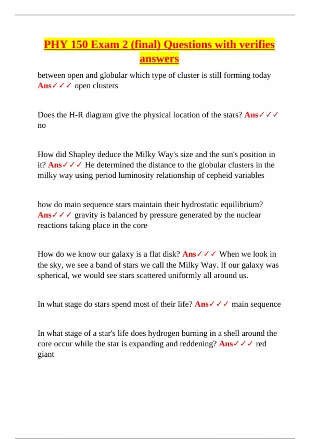 PHY 150 – Final Exam 2 Study Guide with Verified Answers | Stellar Evolution, H-R Diagram ...