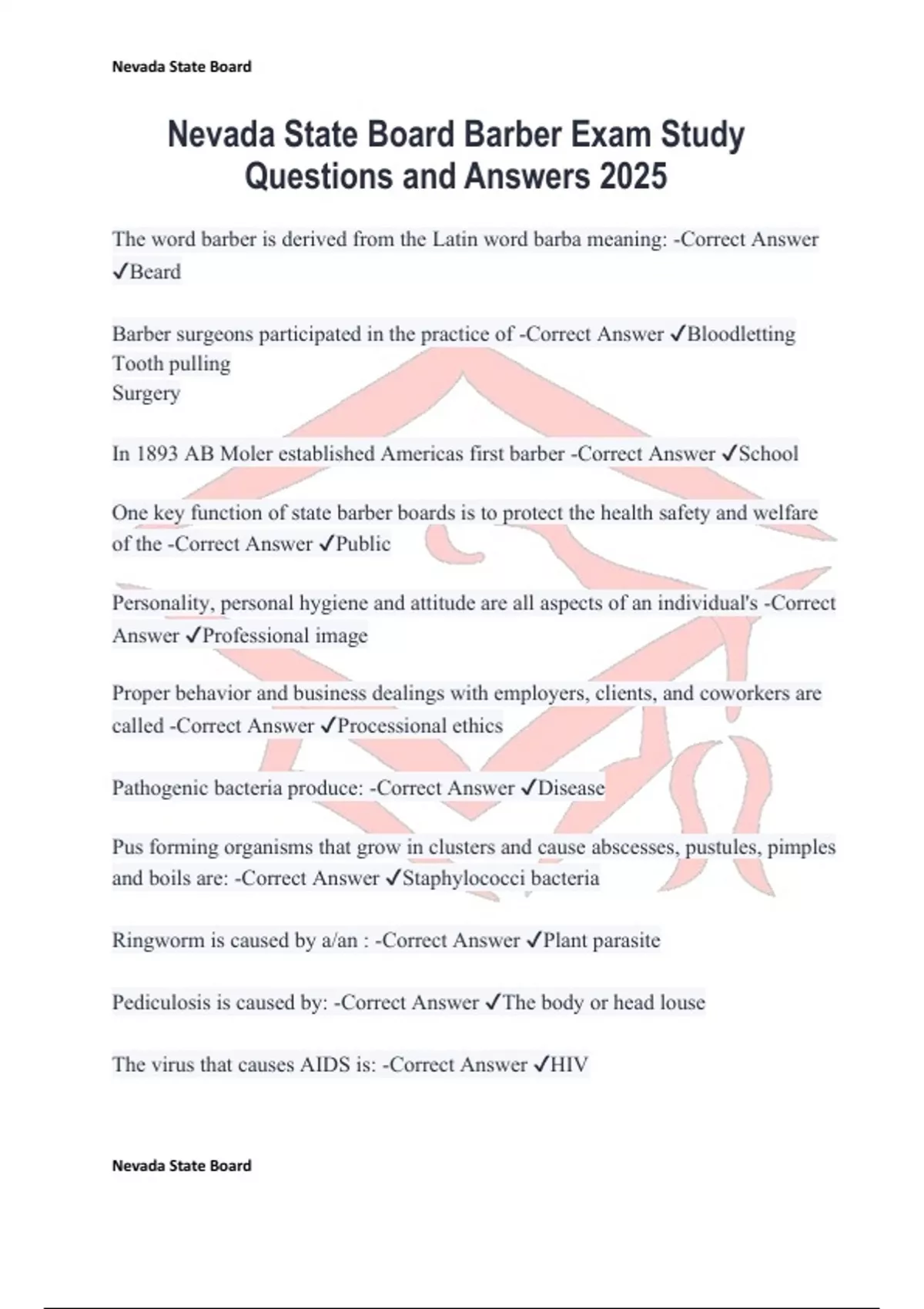 Nevada State Board Barber Exam Study Questions and Answers 2025 ...