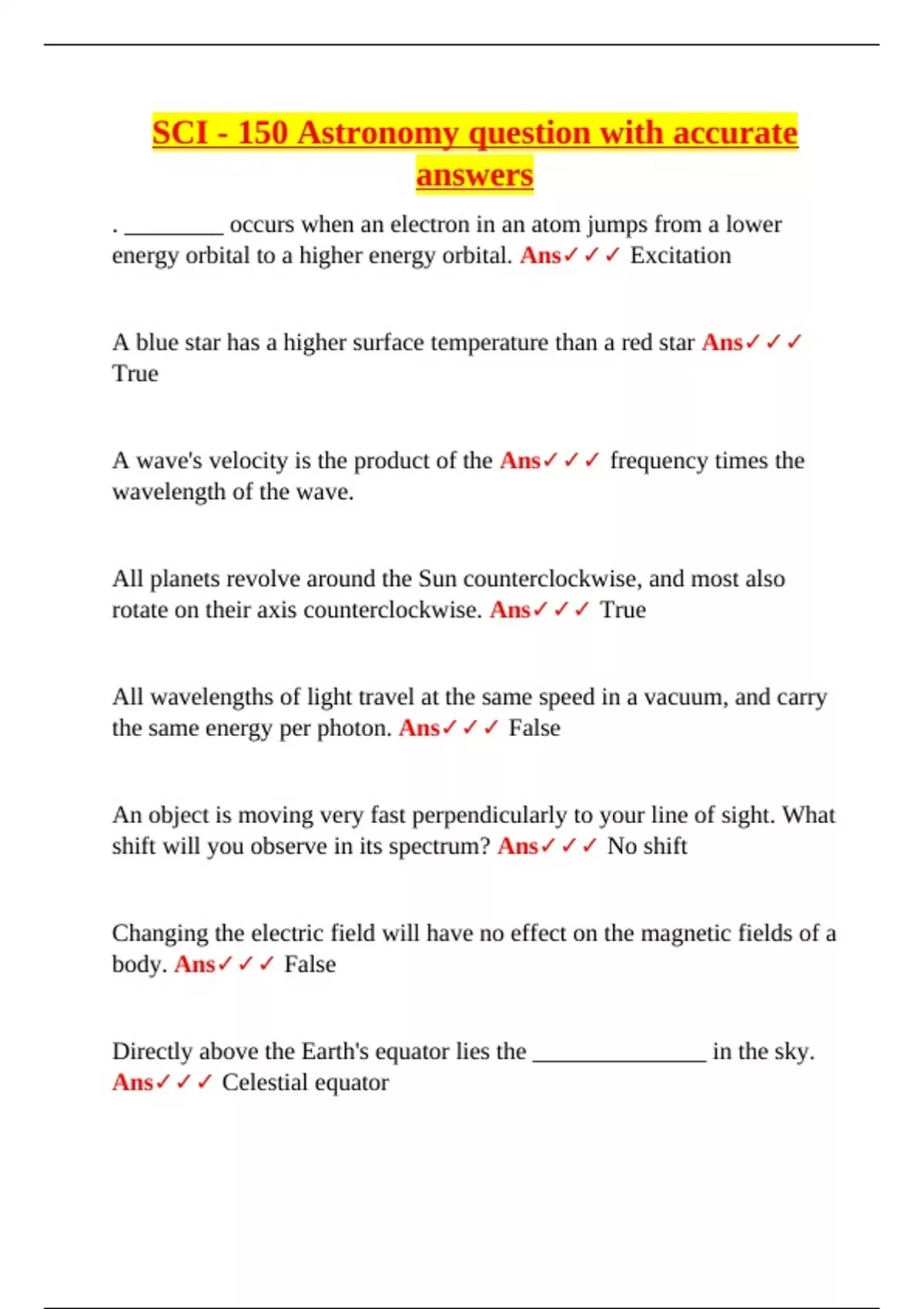 SCI 150 – Astronomy Question Bank with Verified Answers ...