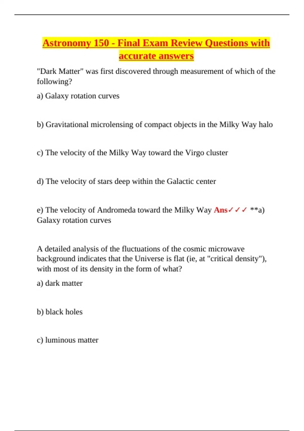 Astronomy 150 – Final Exam Q&A Review Guide | Verified Answers on Cosmology, Galaxies, Dark ...