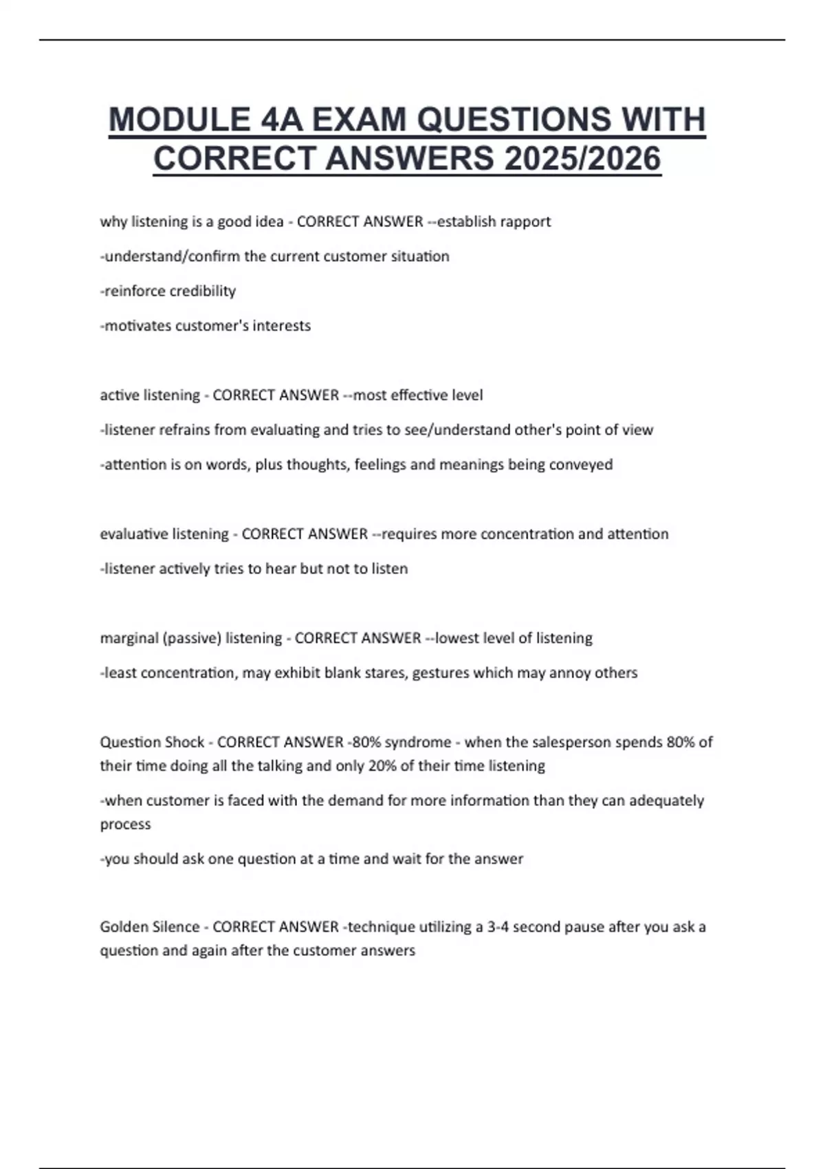 MODULE 4A EXAM QUESTIONS WITH CORRECT ANSWERS 2025/2026 - JBL - Stuvia US