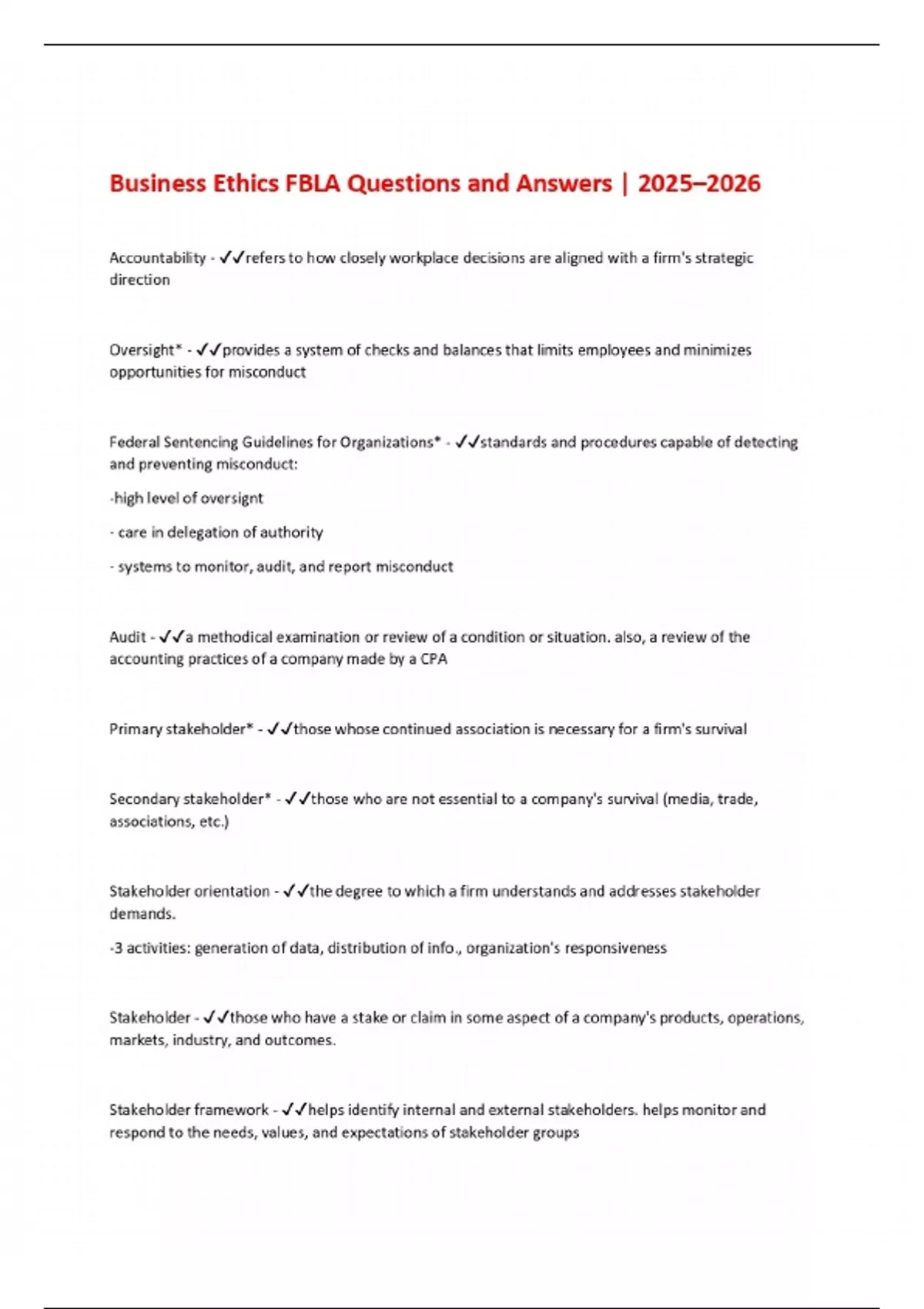 Business Ethics FBLA Questions and Answers | 2025–2026 - FBLA - Stuvia US
