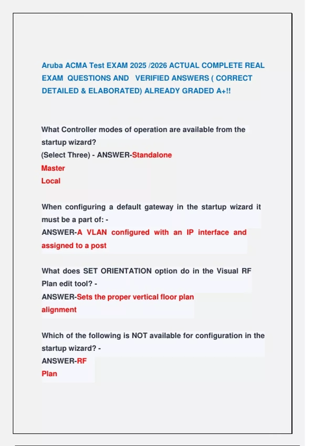 Aruba ACMA Test EXAM 2025 /2026 ACTUAL COMPLETE REAL EXAM QUESTIONS AND ...