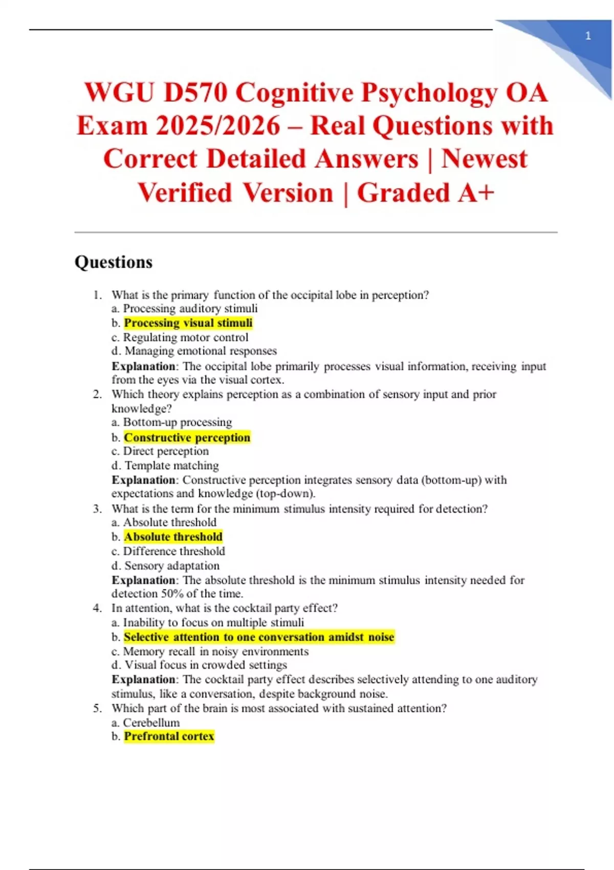 WGU D570 Cognitive Psychology OA Exam 2025/2026 – Real Questions with Correct Detailed Answers ...