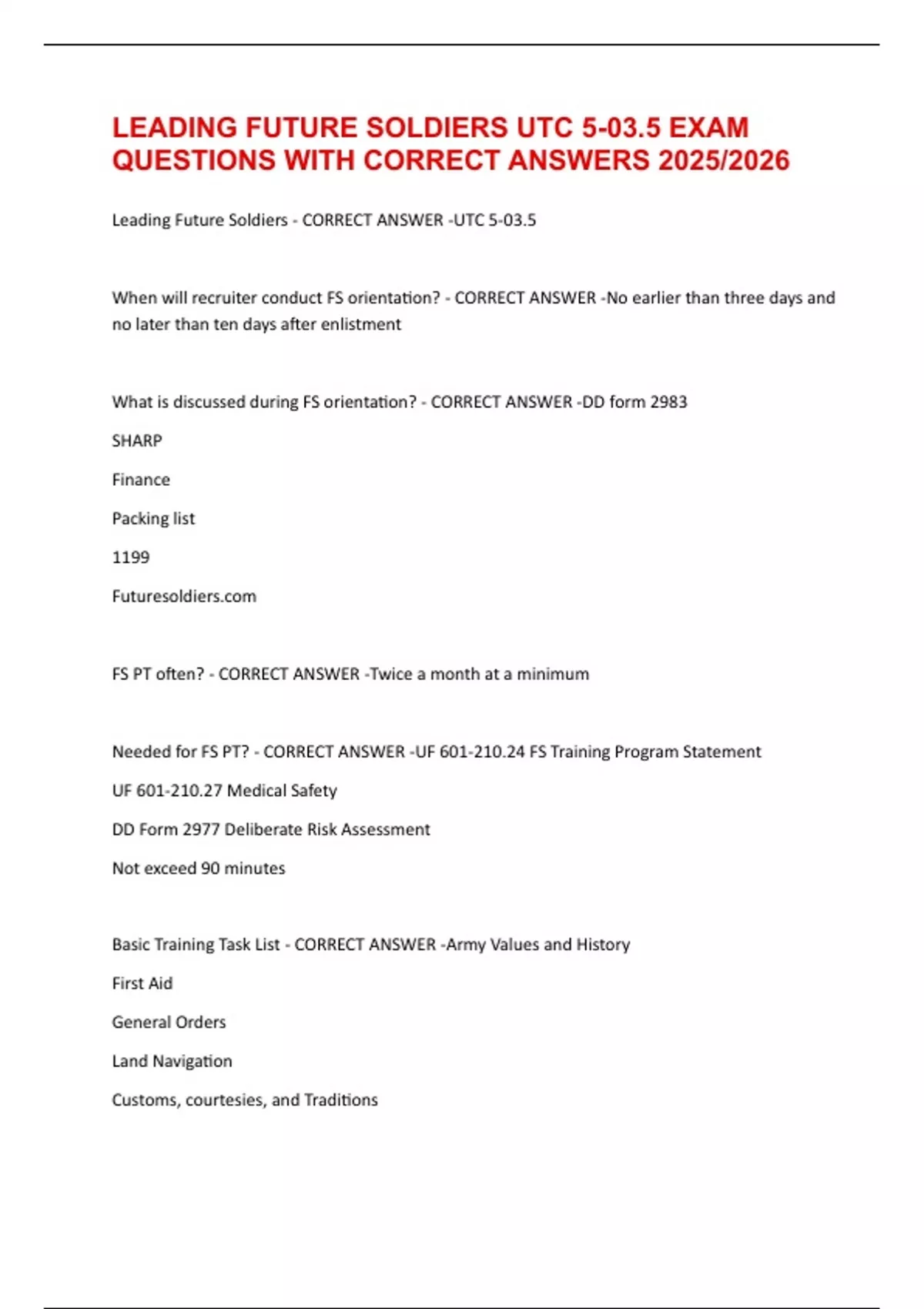 LEADING FUTURE SOLDIERS UTC 5-03.5 EXAM QUESTIONS WITH CORRECT ANSWERS ...