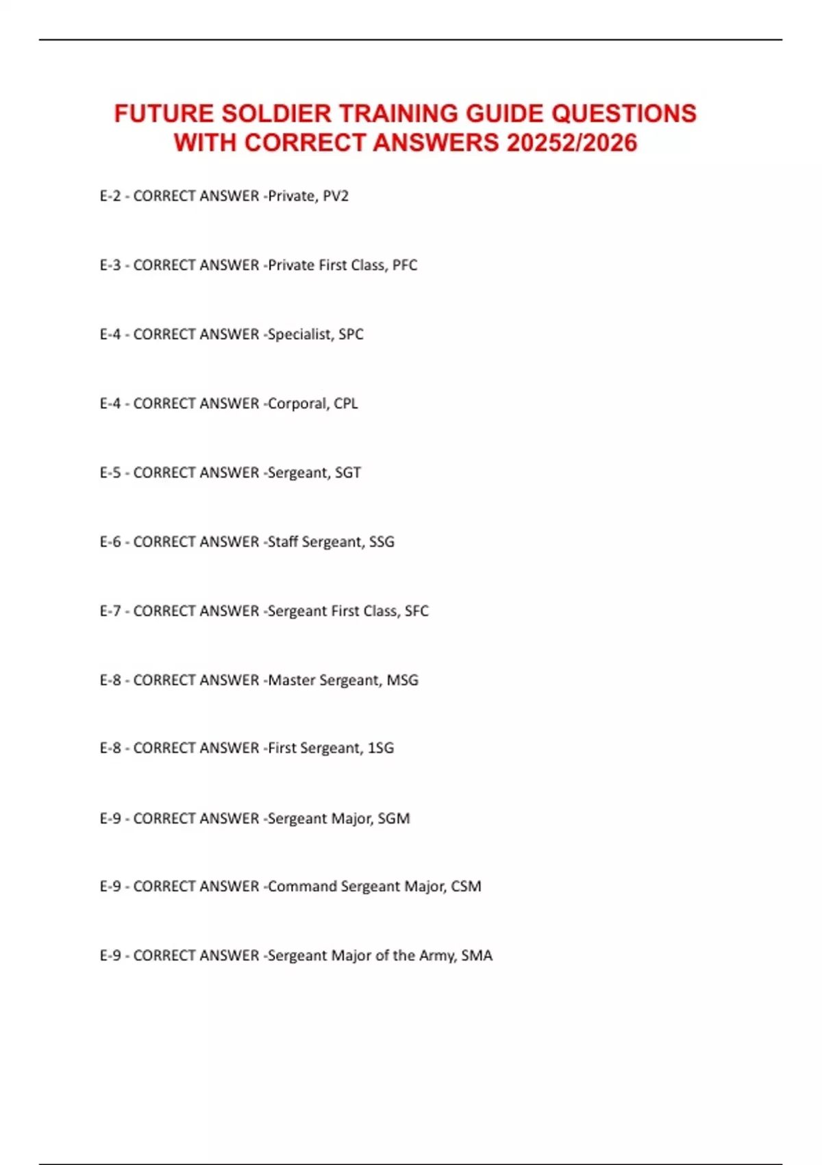 FUTURE SOLDIER TRAINING GUIDE QUESTIONS WITH CORRECT ANSWERS 2025/2026 ...