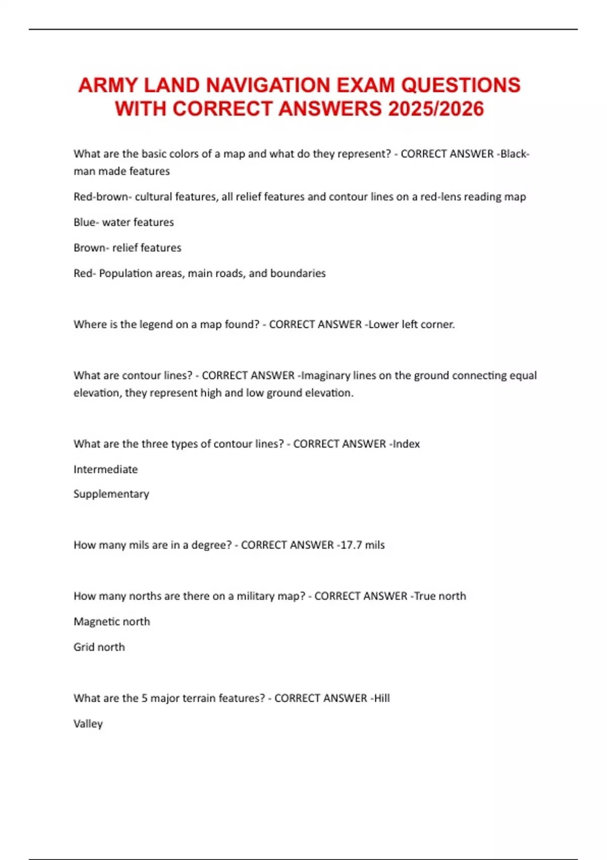 ARMY LAND NAVIGATION EXAM QUESTIONS WITH CORRECT ANSWERS 2025/2026 ...