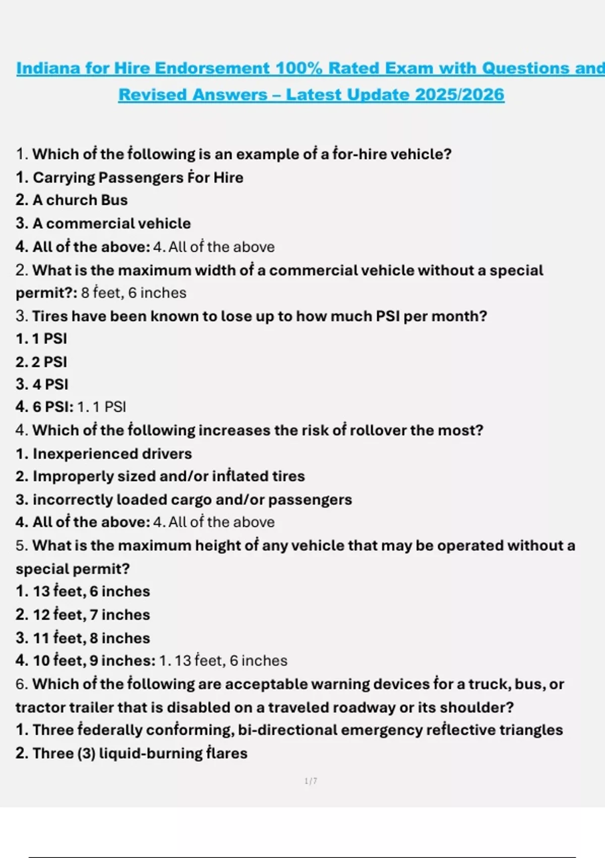 Indiana For-Hire Endorsement 100% Rated Exam with Questions and Revised ...