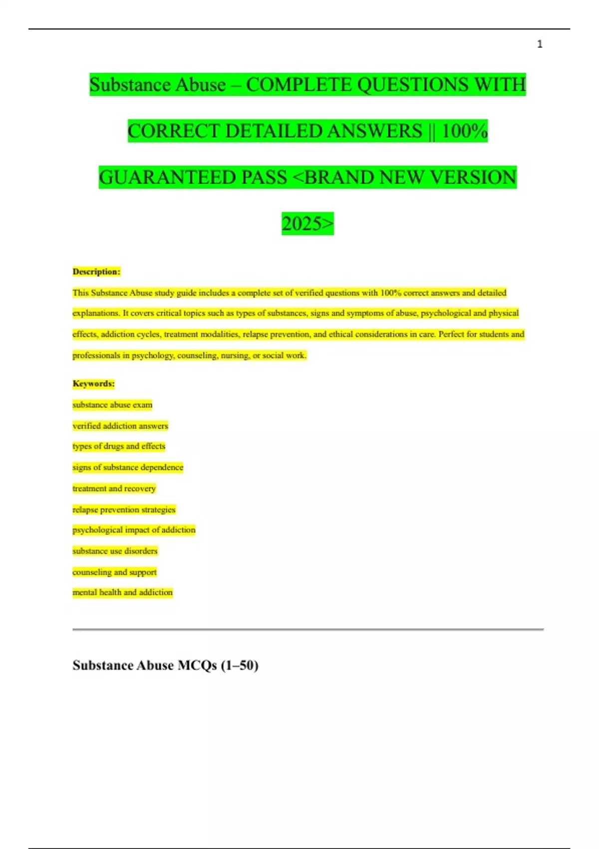 Substance Abuse – COMPLETE QUESTIONS WITH CORRECT DETAILED ANSWERS ...