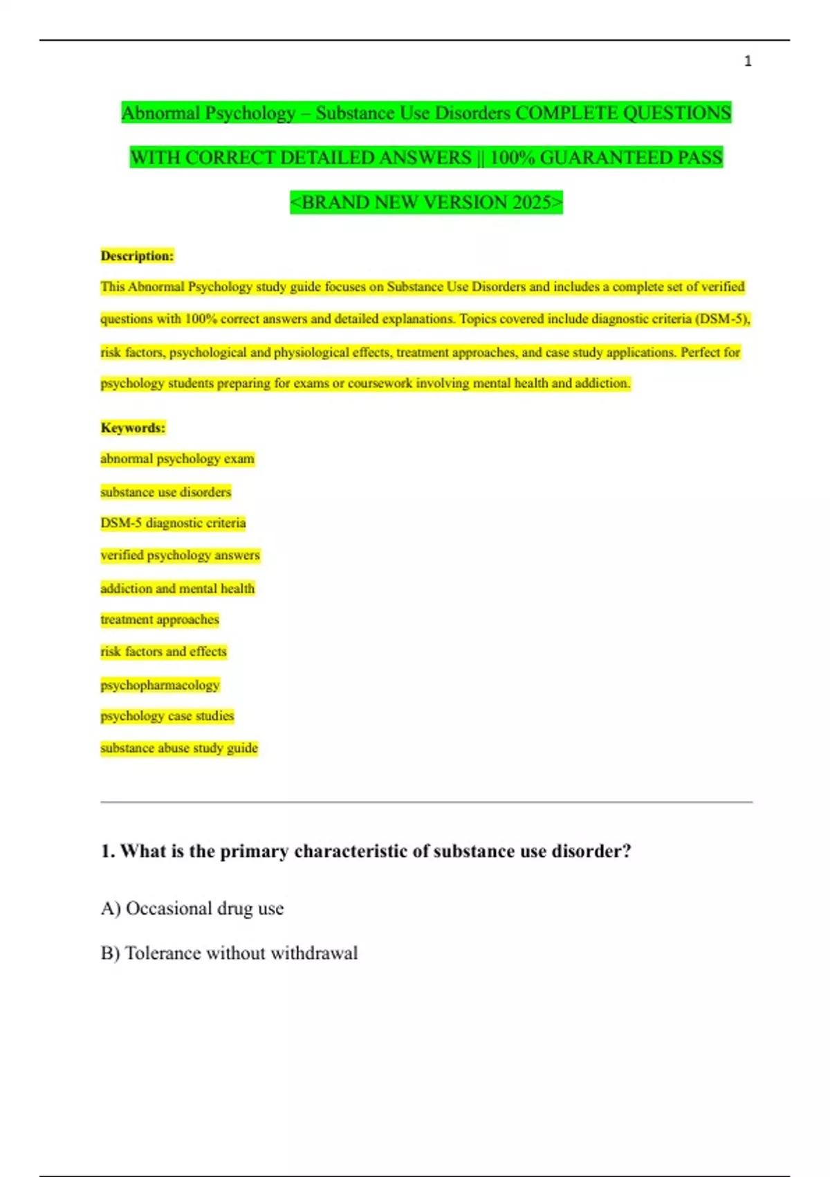 Abnormal Psychology – Substance Use Disorders COMPLETE QUESTIONS WITH ...