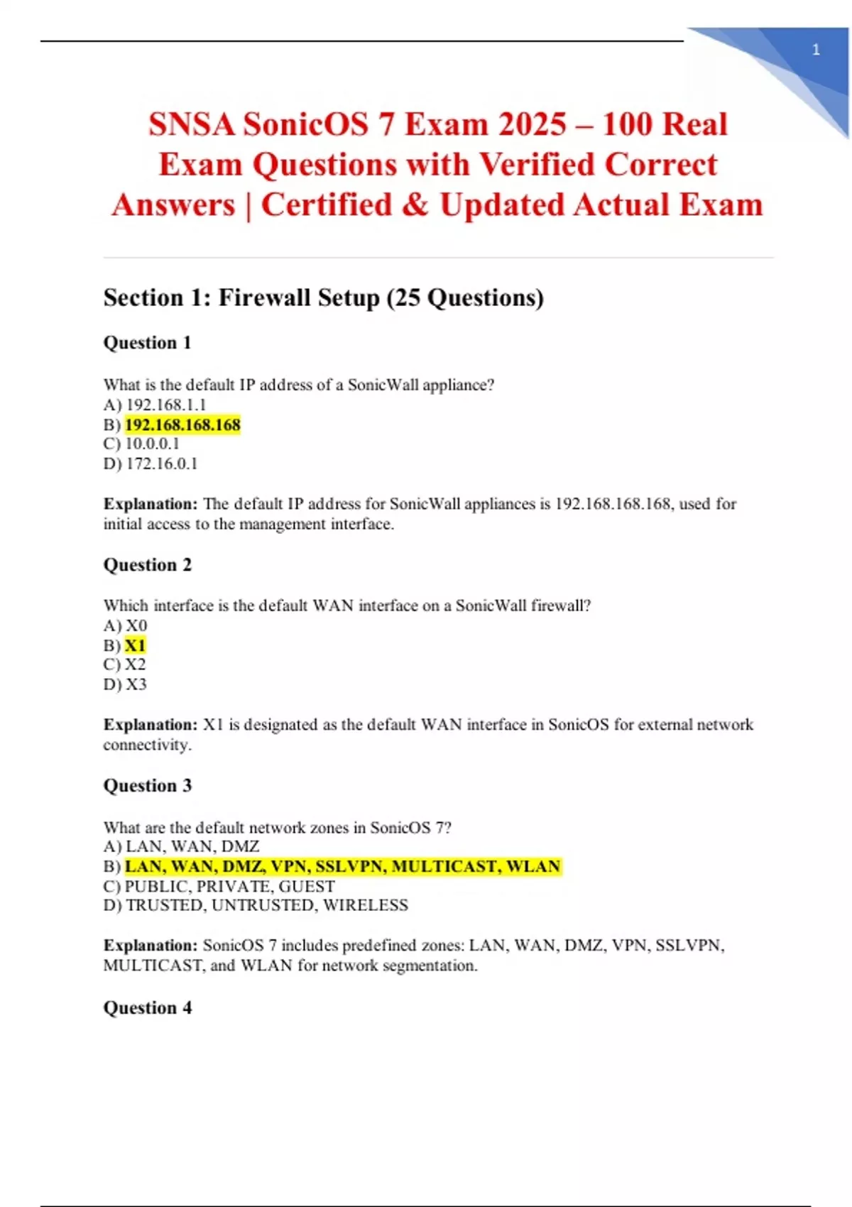 SNSA SonicOS 7 Exam 2025 – 100 Real Exam Questions with Verified ...