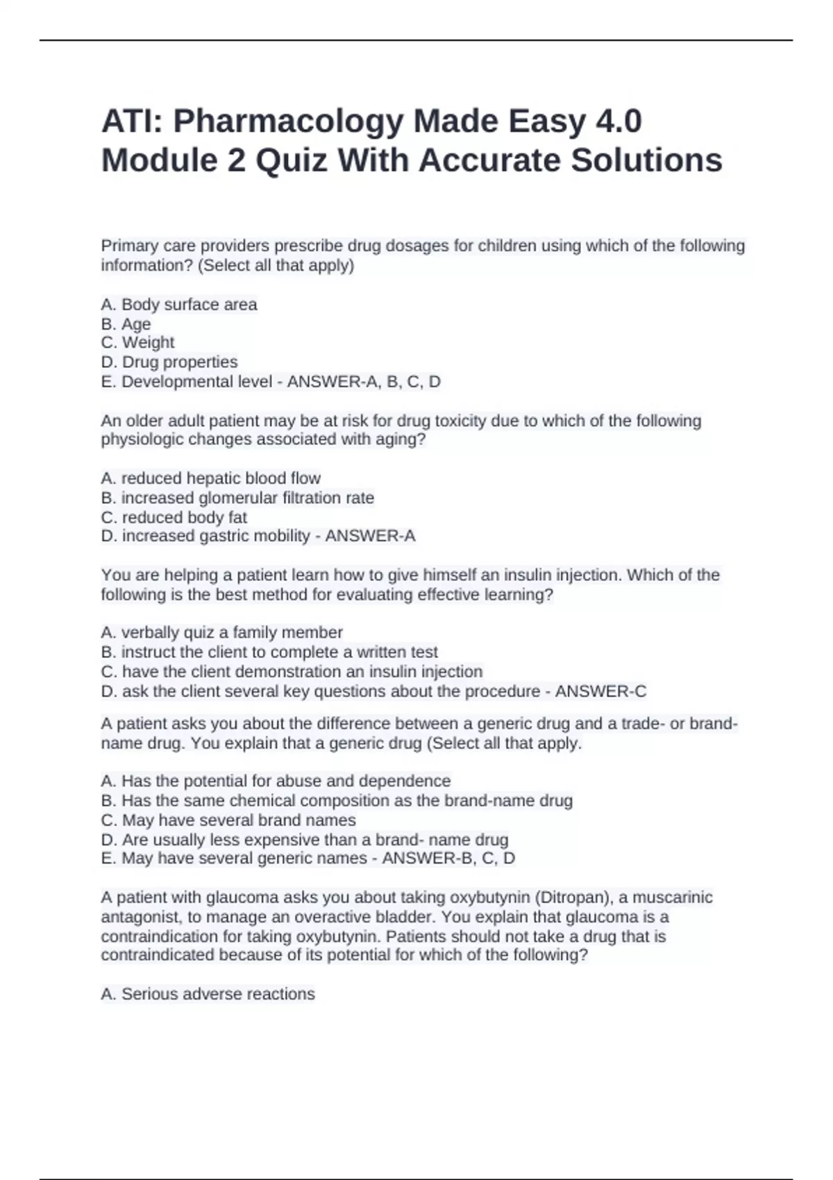 ATI: Pharmacology Made Easy 4.0 Module 2 Quiz With Accurate Solutions - ATI: Pharmacology ...