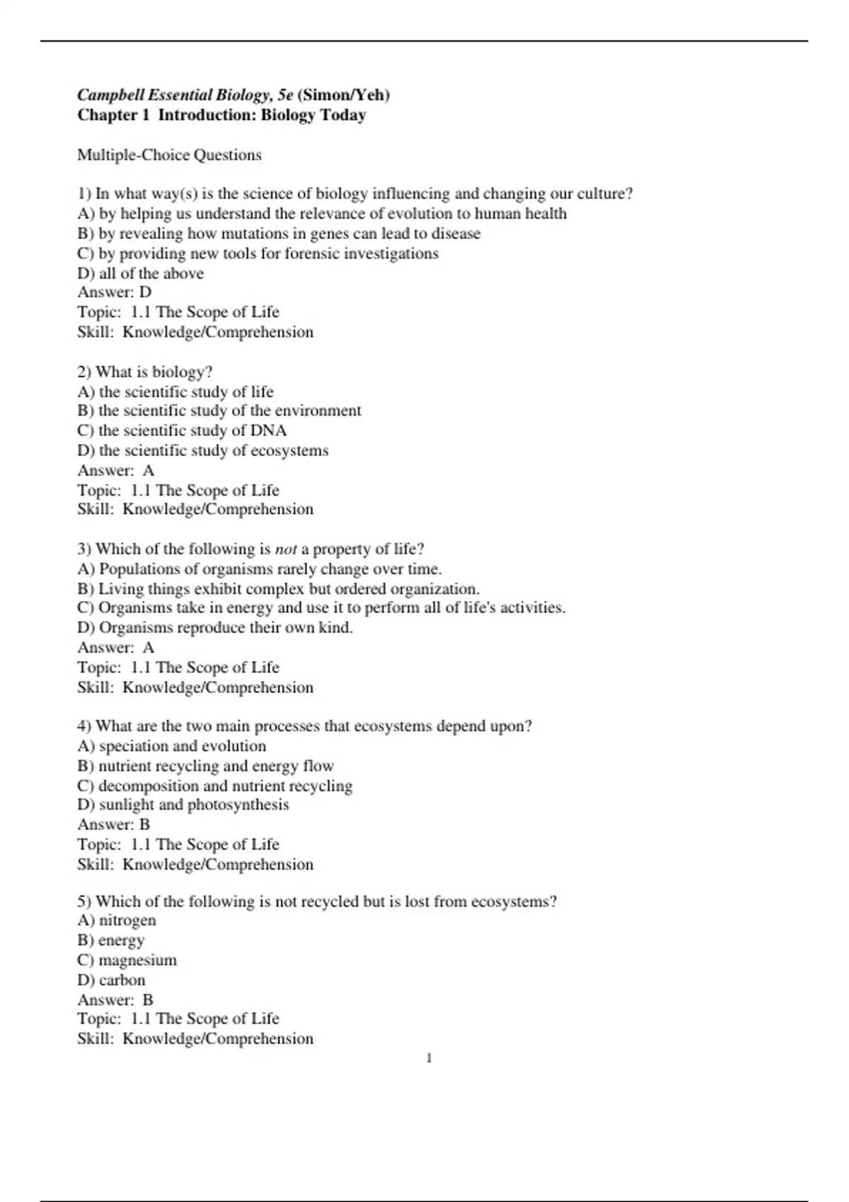 Test Bank For Campbell Essential Biology with Physiology 5th Edition by ...