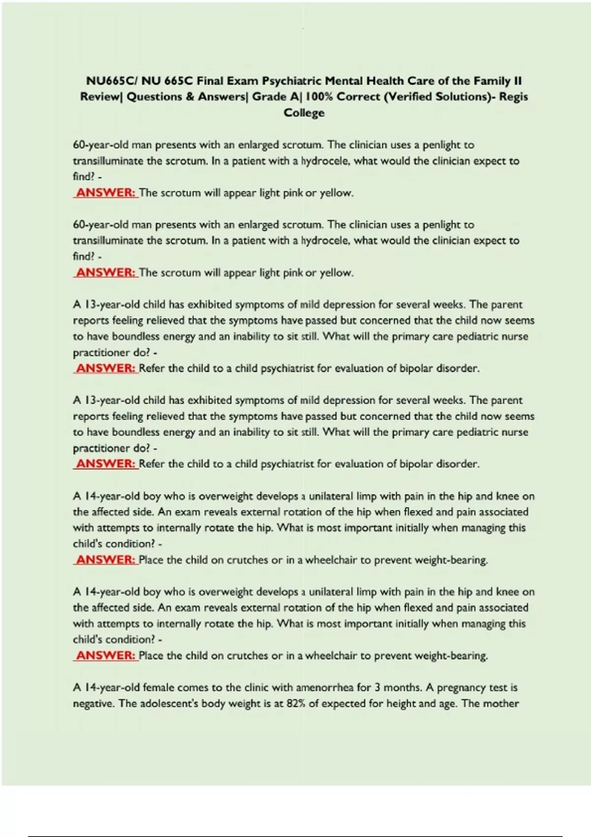 NU665C/ NU 665C Final Exam (Latest 2025/ 2026 Update) Psychiatric ...