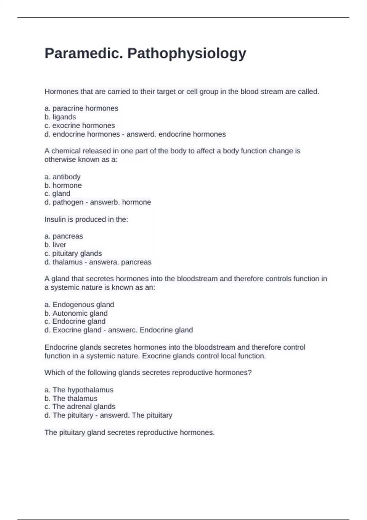 Paramedic. Pathophysiology Questions and Answers 2025 - Paramedicine ...