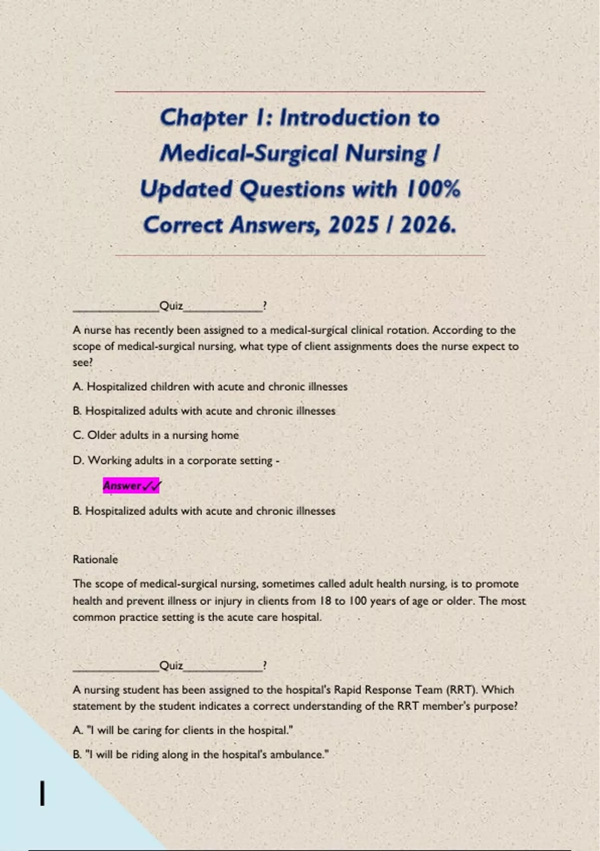 Chapter 1: Introduction to Medical-Surgical Nursing / Updated Questions with 100% Correct ...